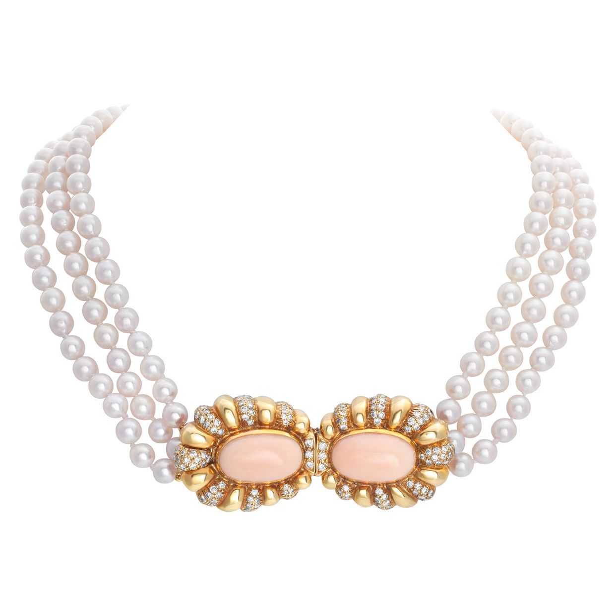 Multi string pearl necklace with 18k Coral diamond decorate