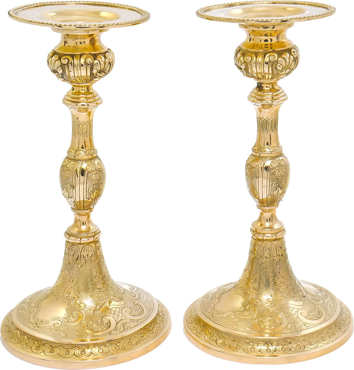 Pair of 18k yellow gold candle sticks - over 44 troy ounces in 18k