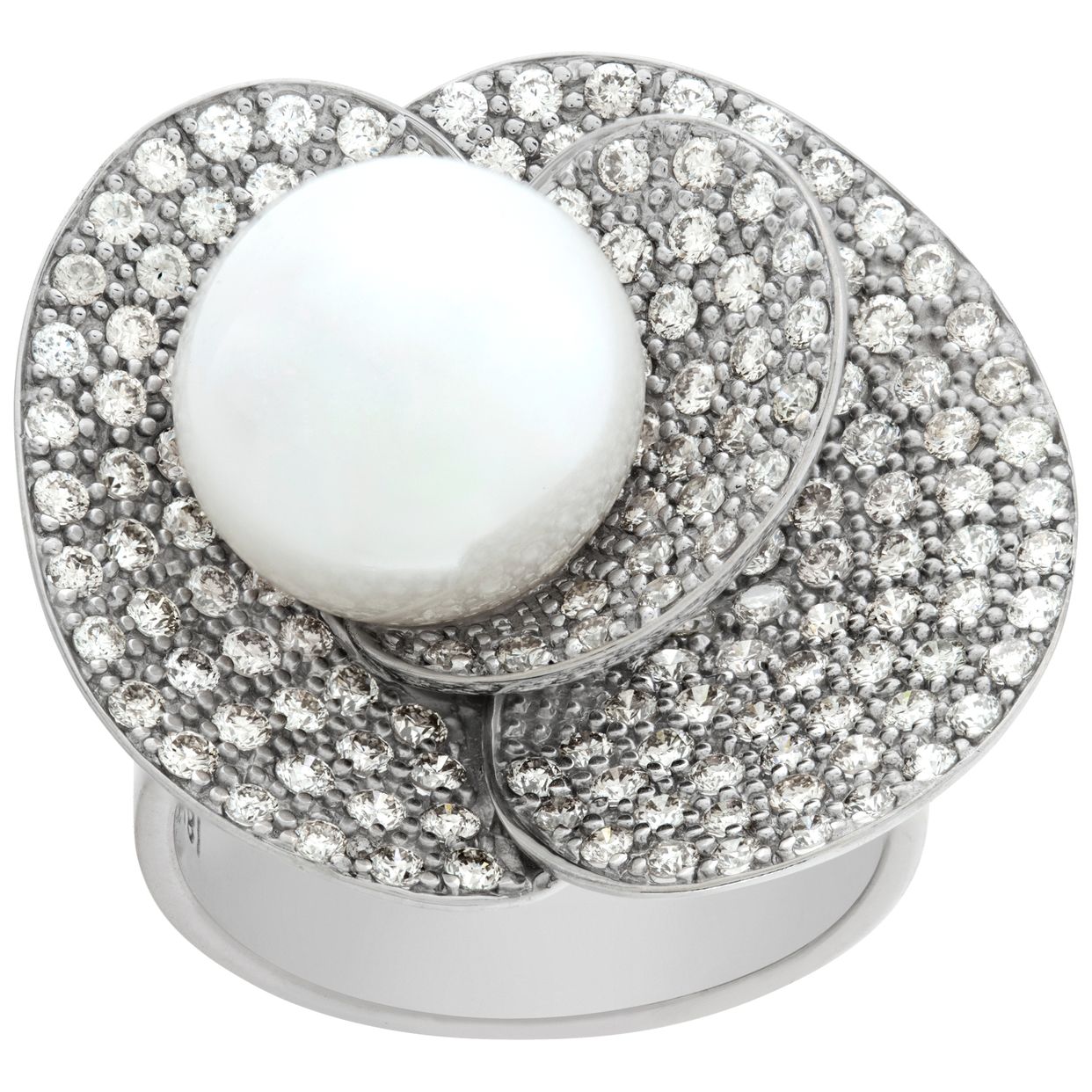 Pearl ring with pave diamond petals in 18k white gold. 2.00