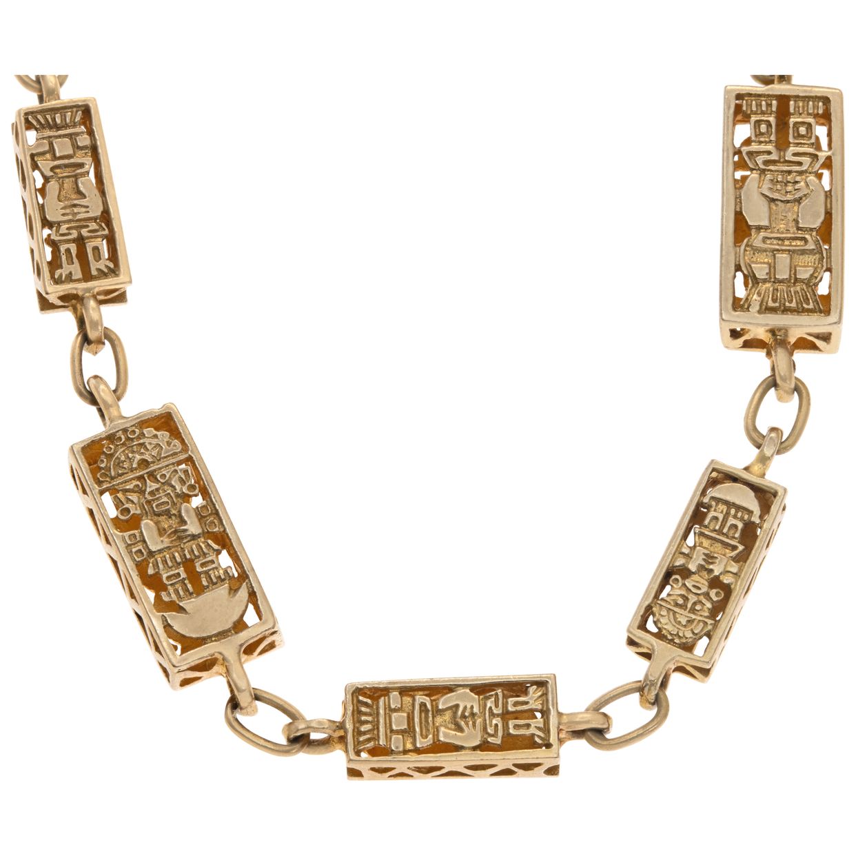 Peruvian block chain necklace with Inca Mayan inspired figur