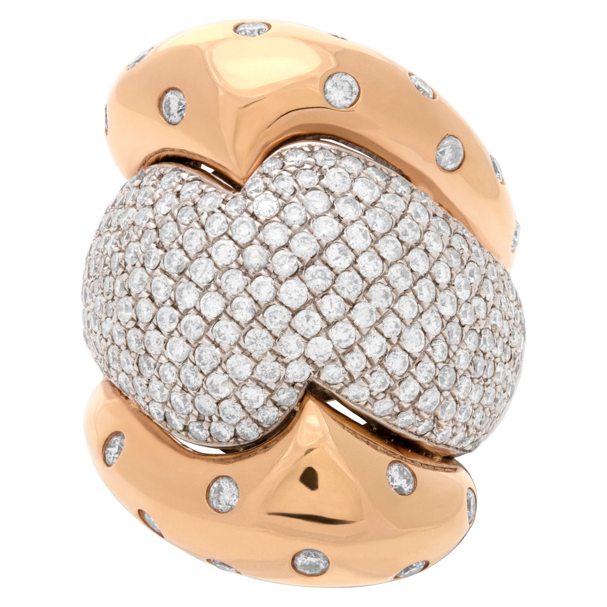Puffed pave diamond ring in 18k white & yellow gold set with