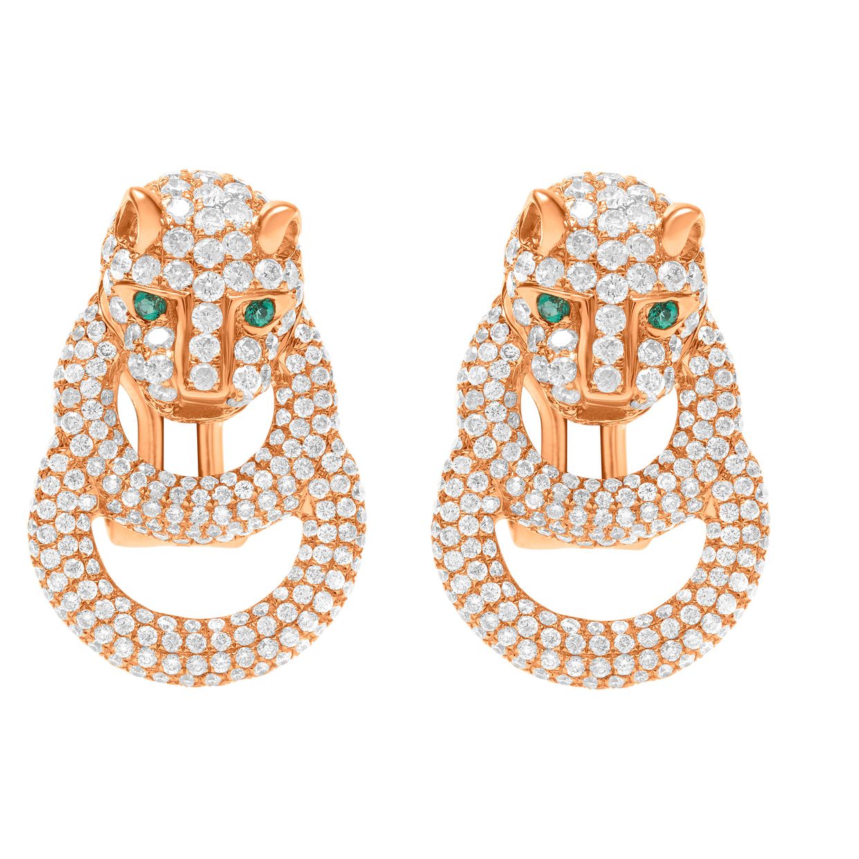 Remarkable Panther head pave diamond earrings in 18k rose