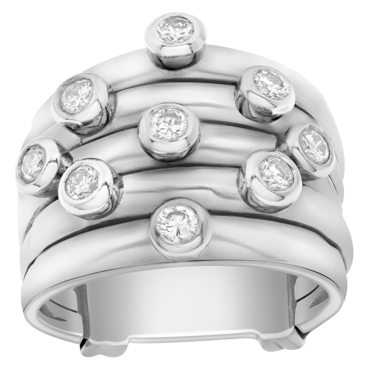 Wide diamonds ring set in 18k white gold. Round brilliant