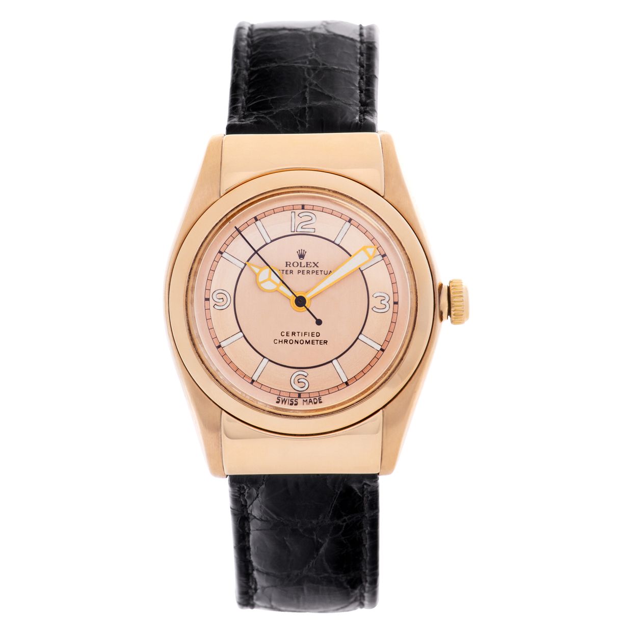 Pre-owned Rolex Bubble Back 3065 18k rose gold Rose dial