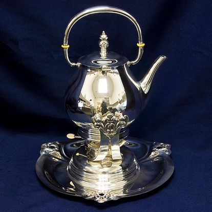 ROYAL DANISH sterling silver hot water kettle on stand and tray