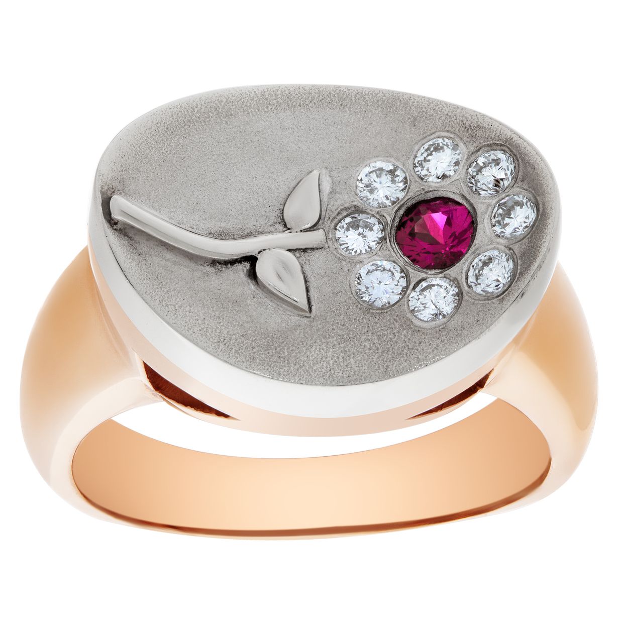 Ruby & diamond flower ring in 14k rose and white gold | Gray & Sons