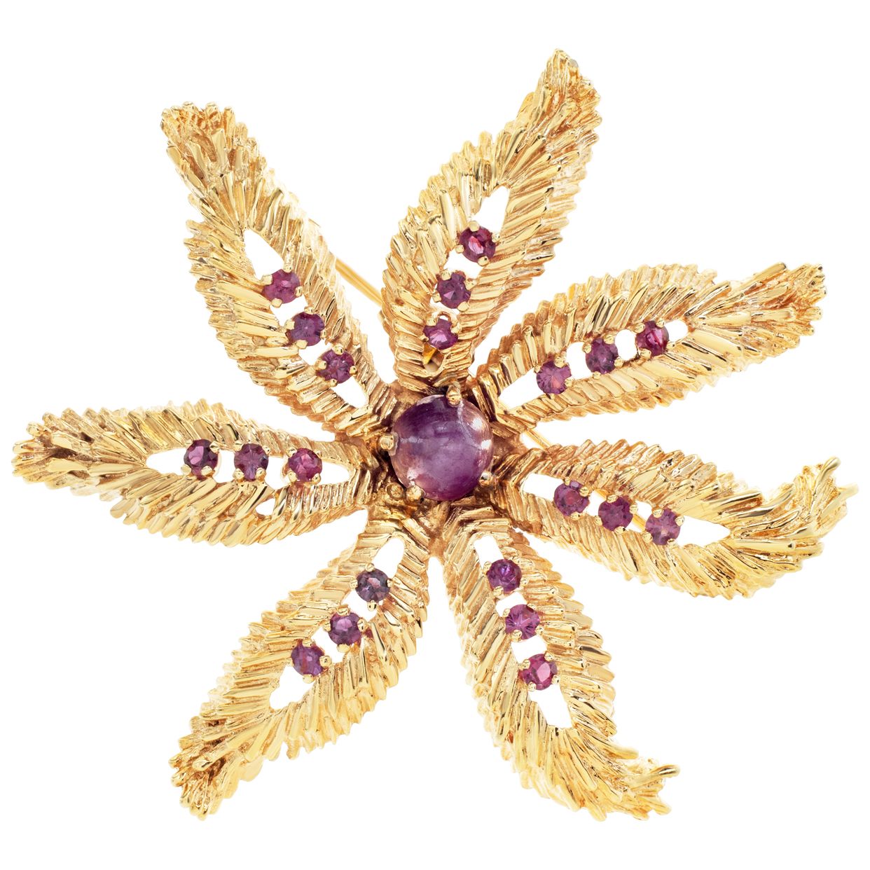 Star Flower Brooch In 14k Gold & cabochon Ruby. Gray & Sons