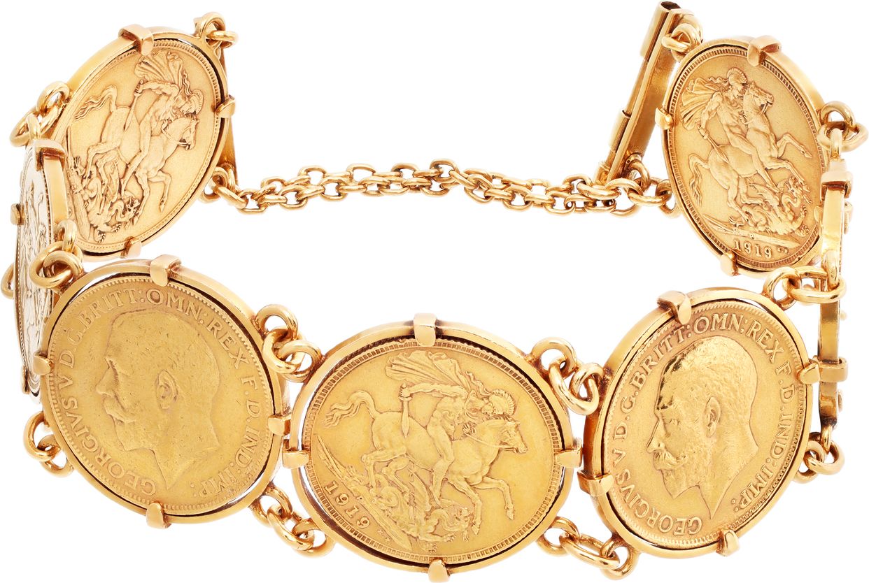 Seven British Gold Coins bracelet in 18k yellow gold. | Gray & Sons