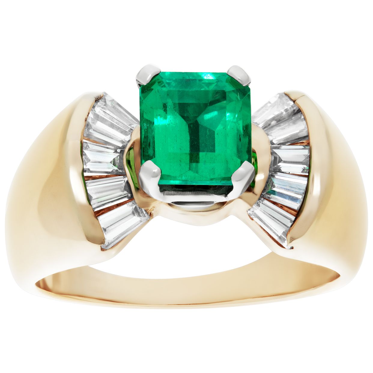 Square cut 1 ct emerald ring in 14k yellow gold w/ bow of ba