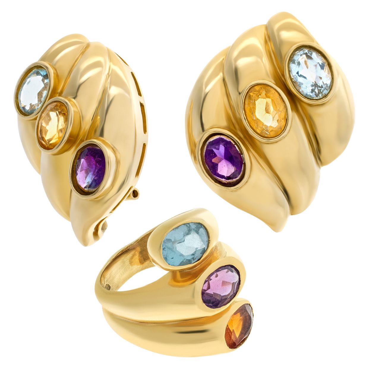 Swirled gold earring & ring 3 pieces set, in 14k with oval brilliant