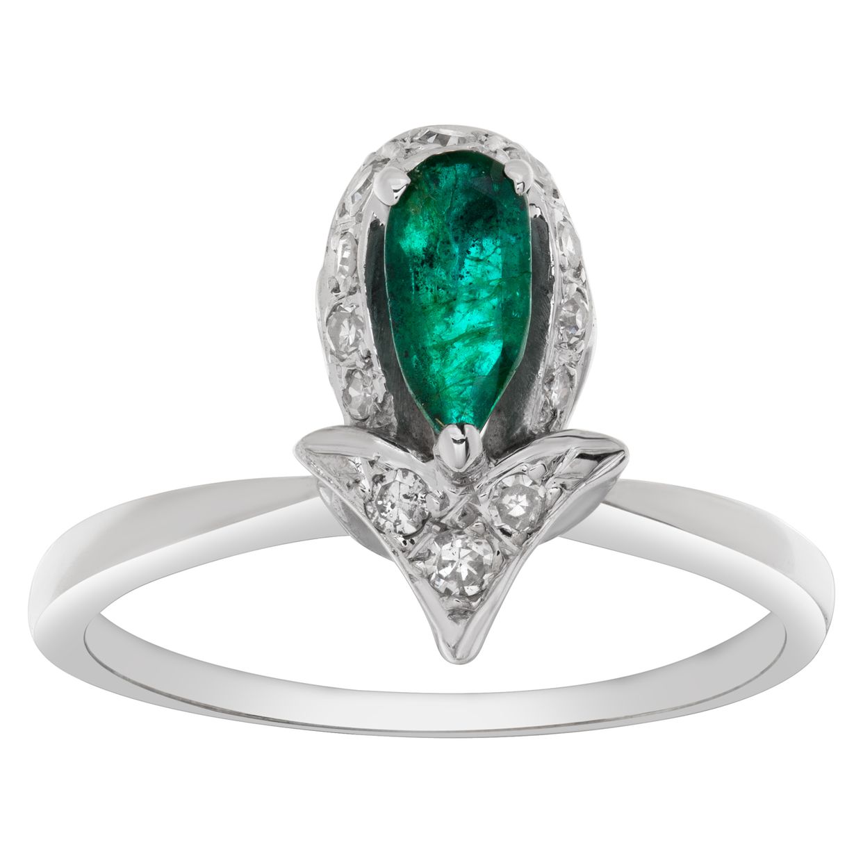 Tear drop Emerald ring with brilliant round cut accent diamonds