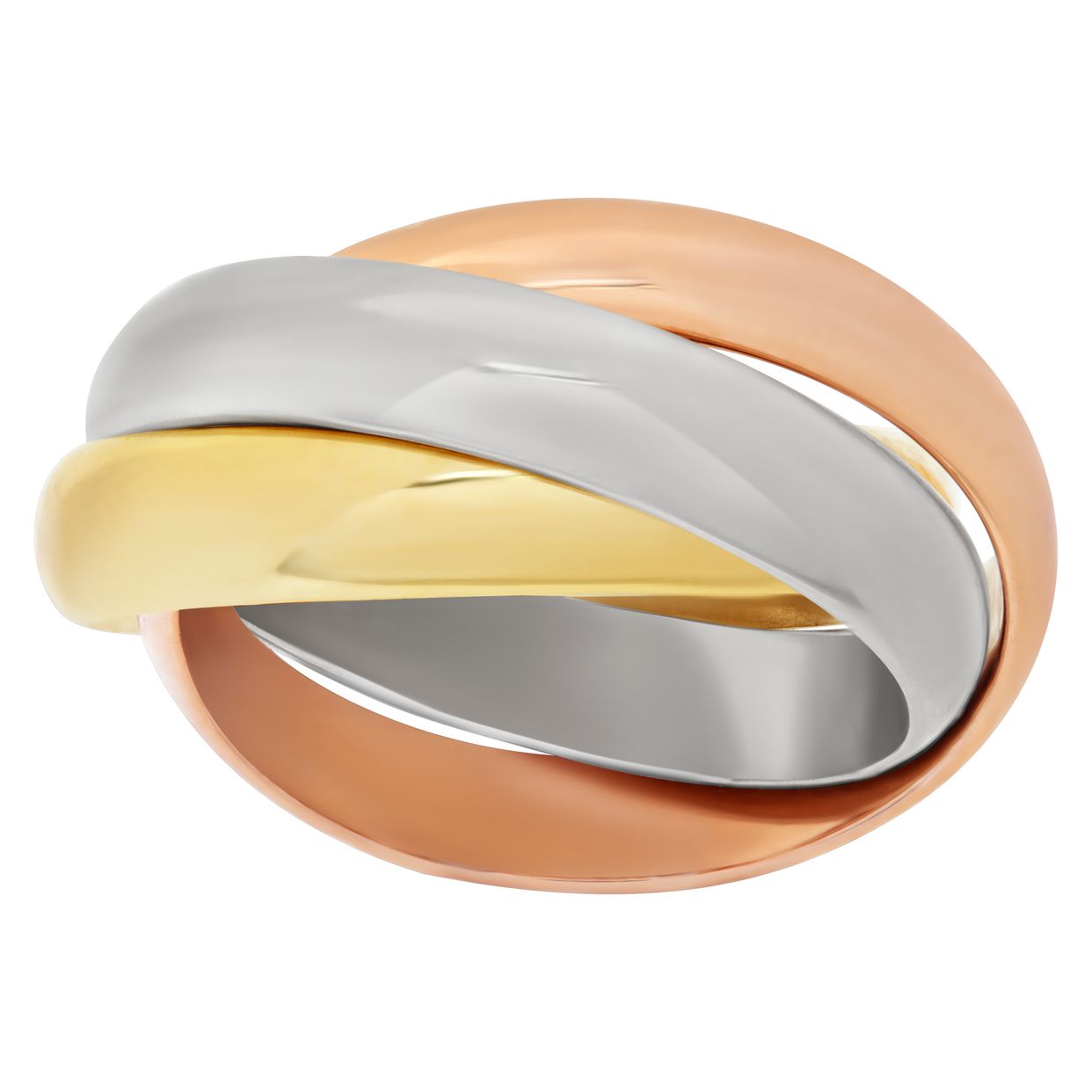 Tri-color rolling ring in 18k yellow, rose & white gold. Size 5