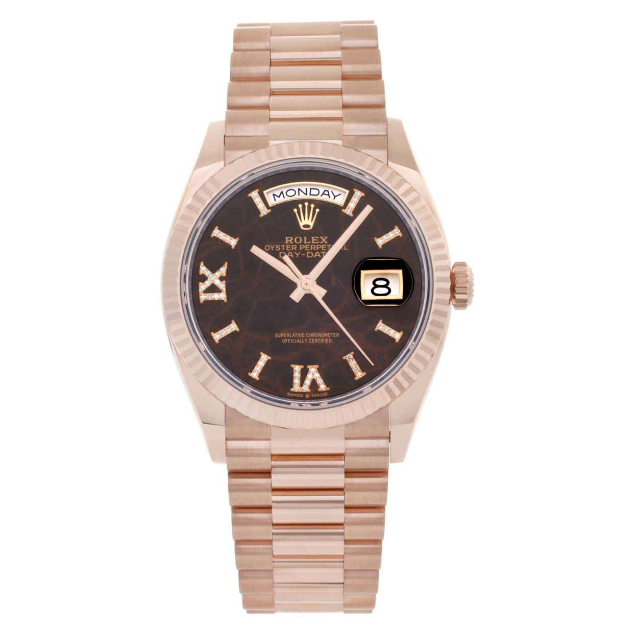 Rolex Day-Date 128235 18k rose gold Eisenkiesel dial 36mm