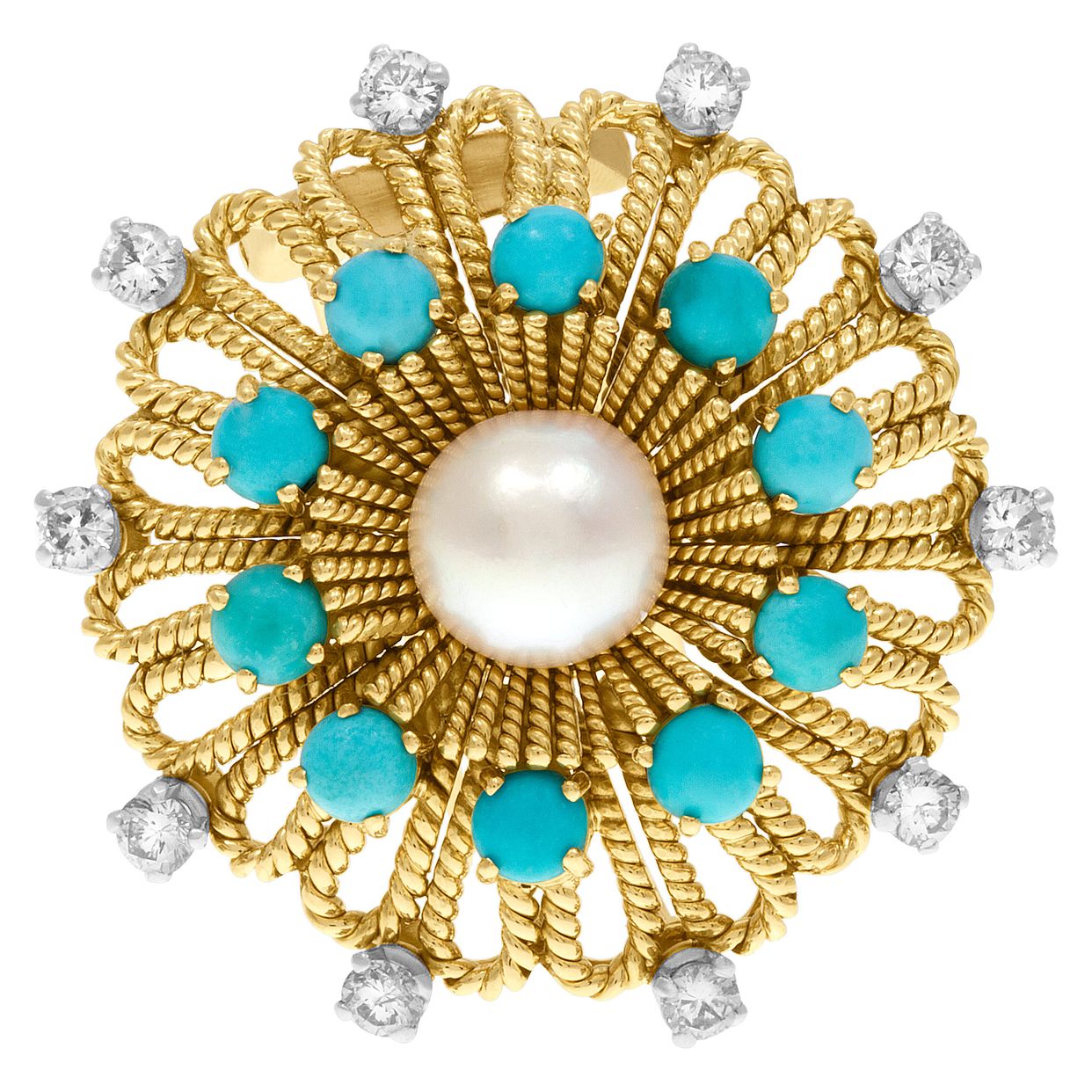 Wheel style broach/pin with diamonds (1ct), turquoise & center