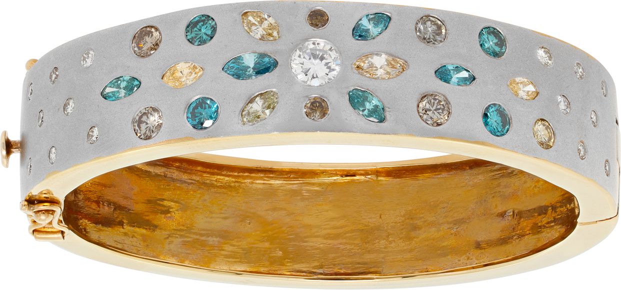 White and irradiated colored diamond bangle in 14k white | Gray & Sons